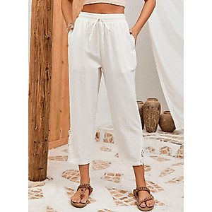 Acelitt Women Casual Linen Pants Lightweight Drawstring Elastic Waist Fall Fashion 2025 Beach Capri Pants Trousers White Large
