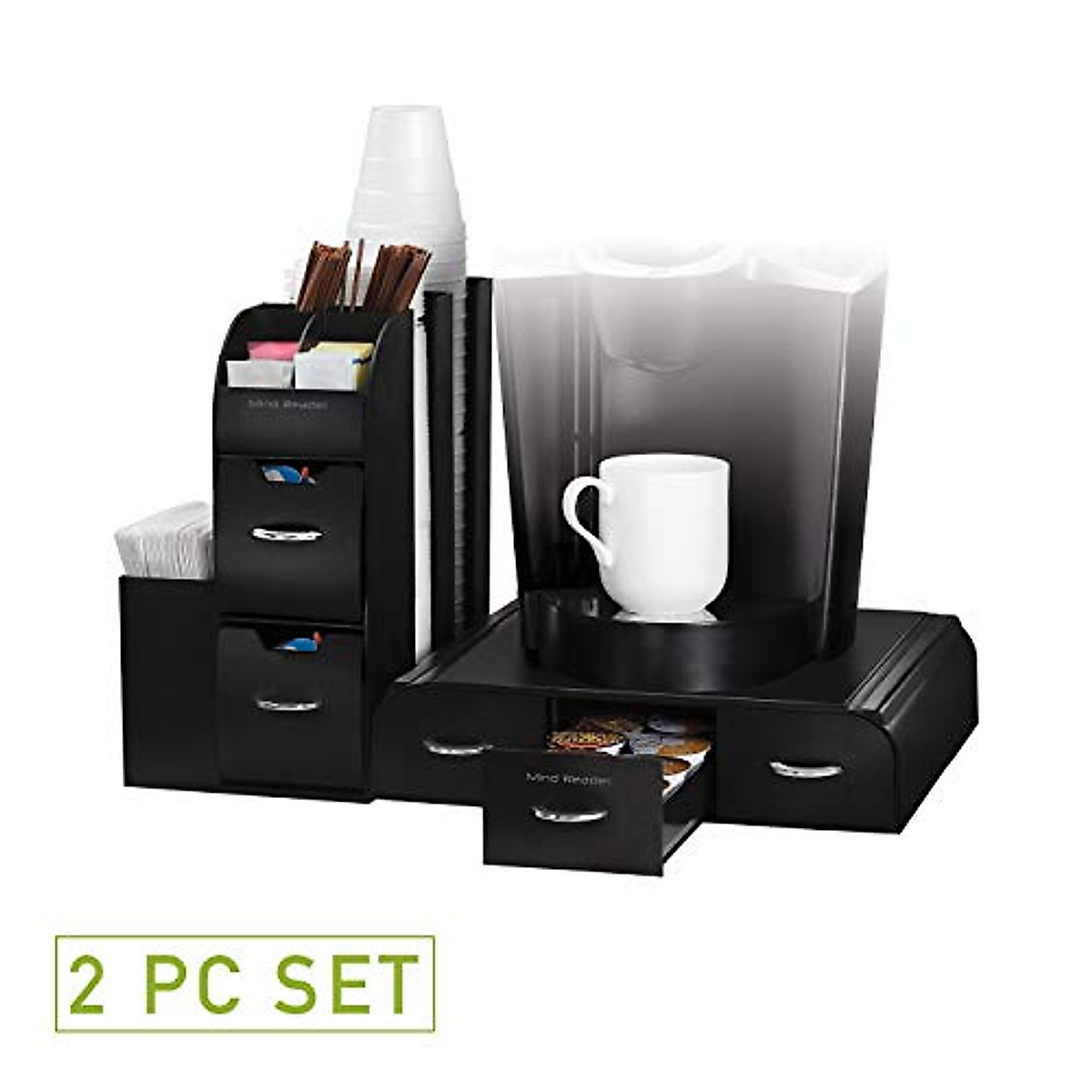 Mind Reader Anchor Collection, 3-Drawer Single Serve Coffee Pod Drawer, 36 Coffee Pod Capacity, Coffee Machine Base and 10-Compartment Cup and Condiment Countertop Organizer Set, Black