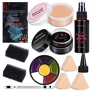 BOBISUKA Demonic Special Effects SFX Halloween Makeup Kit - 5 Colors Bruise Makeup Face Body Painting Palette + Scar Wax with Spatula Tool + Fake Blood Splatter Spray + Fake Blood Cream +Stipple Spong