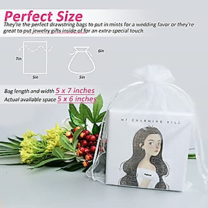 Angooni 5x7 Inch White Organza Gift Bags, 100PCS Premium Sheer Mesh Drawstring Pouch for Jewelry Candy Party Wedding Favor