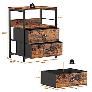 Furologee Nightstand with 2 Fabric Drawers, Bedside Table, End Table with Open Wood Shelf, Side Sofa Table with 2 Hooks for Bedroom/Living Room/Study/Halway/Rustic Brown