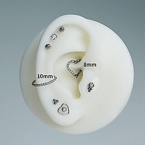 FINE4U Threadless Flat Back Earrings Stud Titanium 18G 6mm 8mm - ASTM F136 Titanium Heart Cartilage Earring for Conch, Helix, Tragus, Flat, Lobe