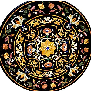 Pietra Dura Black Marble Round 30" x 30" Coffee Table Top, Black Marble Round Centre Table Top, Black Marble Round Dining Table Top, Piece Of Conversation, Family HeirLoom