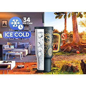 Meoky 40 oz Tumbler with Handle and Straw, Tumbler with Lid and Straw, Insulated Stainless Steel Travel Mug, 100% Leak-proof, Keeps Cold for 34 Hours or Hot for 10 Hours (Tarot)