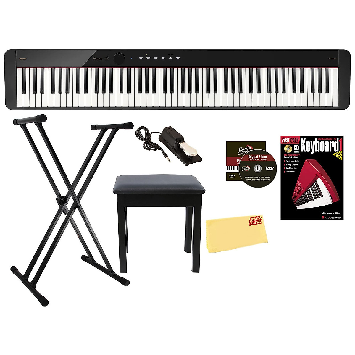 Casio Privia PX-S1100 Digital Piano Bundle with Adjustable Stand, Bench, Sustain Pedal, Instructional Book, DVD, Online Piano Lessons, and Polishing Cloth - Black