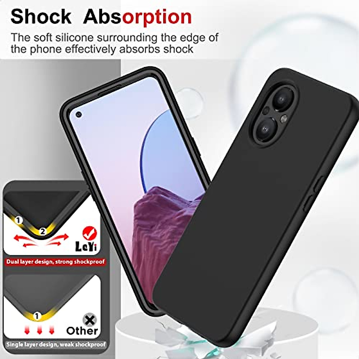 LeYi OnePlus Nord N20 5G Case with 2 Tempered Glass Protectors, 360 Full-Body Shockproof Soft Silicone Cover, Black