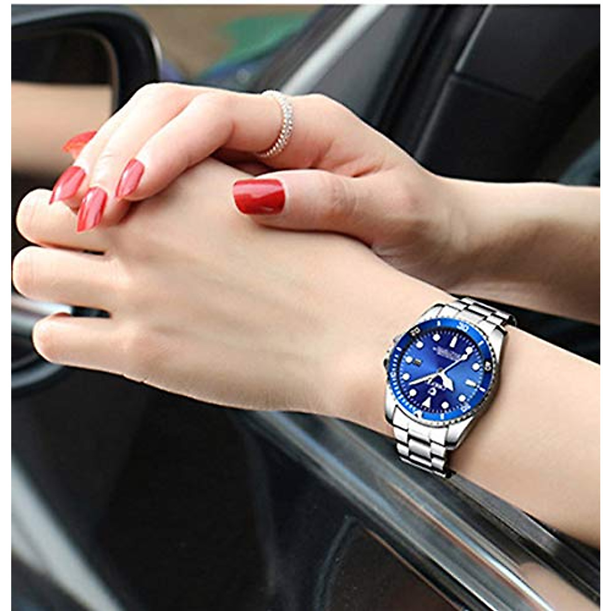 MASTOP Couple Watches Classic Golden Stainless Steel Watch His and Hers Waterproof Quartz Watch (Silver Blue)