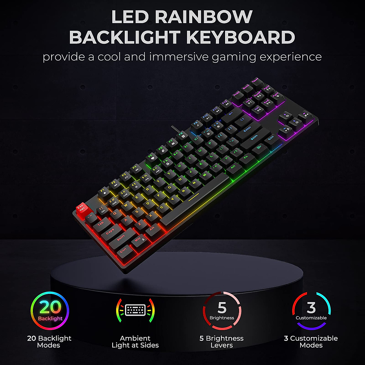 havit Mechanical Keyboard, TKL Mechanical Gaming Keyboard Wired LED Rainbow Backlit Keyboards Red Switches 80% 87 Keys Compact for PC Gaming Computer
