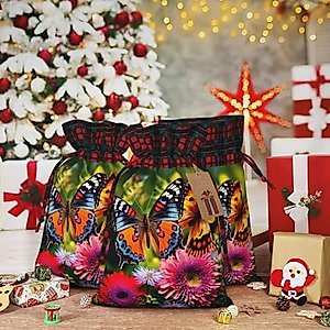 Christmas Gift Bags with Drawstring Burlap Gift Bags Butterfly and Floral Christmas Linen Bags for Xmas Party Candy Bags with Cards Xmas Reusable Wrapping Bags Christmas Linen Treat Bags for Holiday