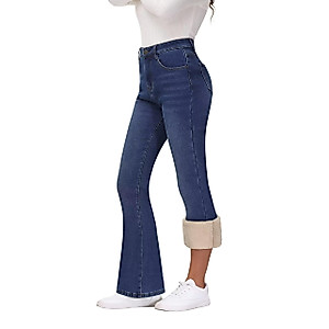 KDF Women's Fleece Lined Jeans Flare Bell Bottom Jeans Winter Super Warm Thick Fleece Denim High Waisted Stretch Jeans Fleece Pants 14,Dark Blue