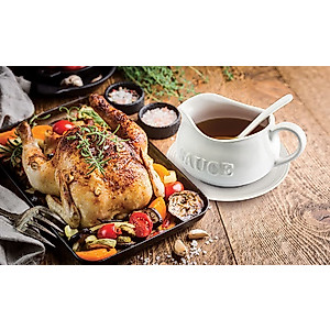 24 Oz Gravy Boat, Tray and Ladle | Ceramic White Gravy Dish With The Word "Sauce" On It