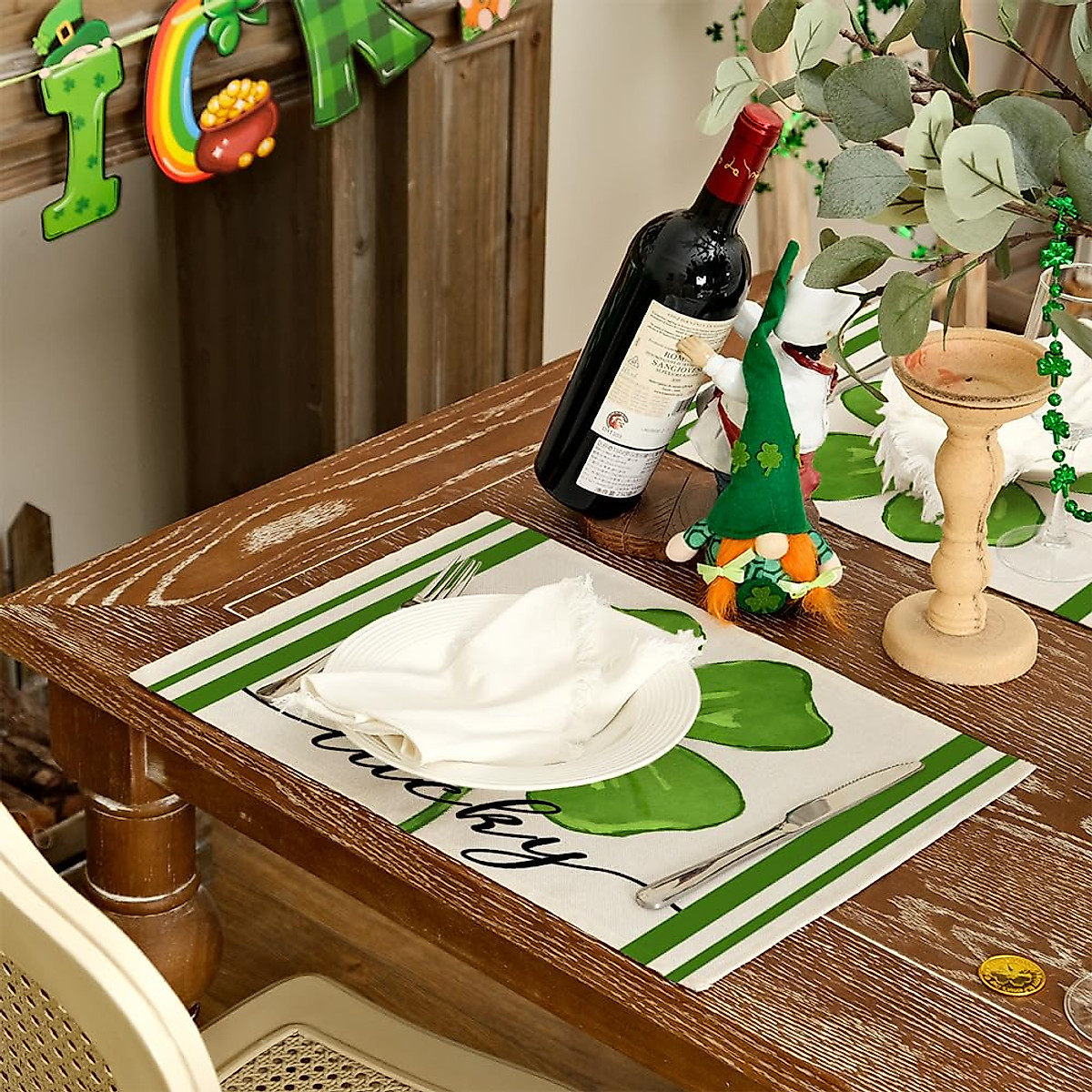 ARKENY St Patricks Day Placemats 12x18 Inches Set of 4, Green Shamrock Spring Seasonal Farmhouse Burlap Indoor Kitchen Dining Table Mats Decorations for Home Party AP032-18