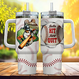 99WHALE Baseball Hustle Hit, Simple Life Women Tumblers White Handle Modern Insulated Swig Cup Red Boys Men For, Baseball Gifts, Tumbler 40 Oz With Handle Lid And Straw