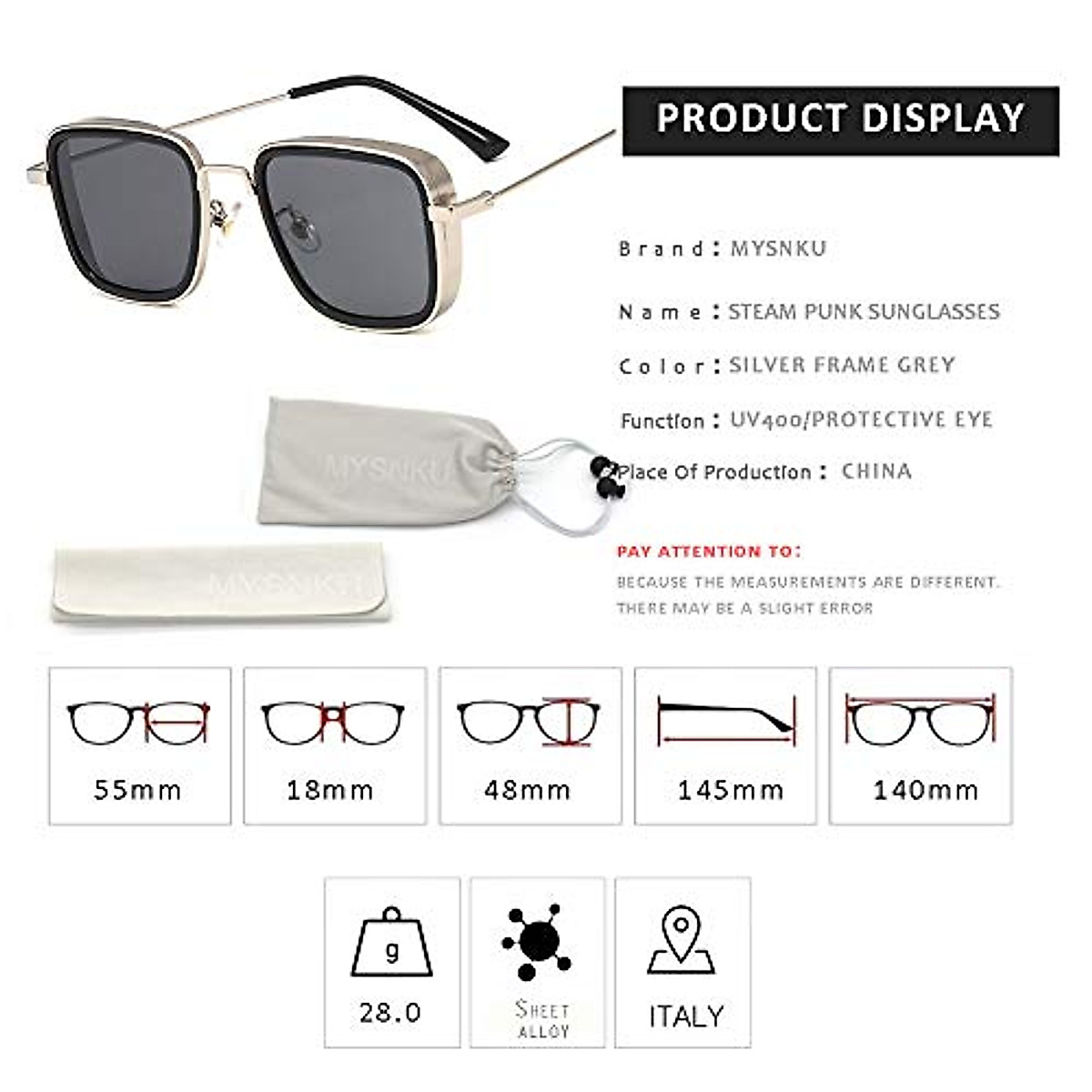 MYSNKU Kabir Singh Steam punk Square glasses Men's Aviator Sunglasses UV400 (T48-YIN BIAN HUI SE)