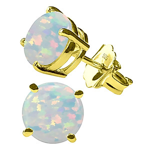 Minkaa Daisy Opal Stud Earrings 6mm Round Sterling Silver - October Birthstone - Skin-Friendly Unisex Opal Earrings Studs - Earrings for Women & Men - 4 Prong Setting Gem Earrings, Gold - Opal