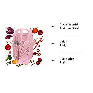 DT001 7 Pieces of Kitchen Knives Set - Non-stick Stainless Steel Kitchen Knives Set with 1 Scissor & 1 Peeler Stand and Chopping Board with Gift Box(Pink)