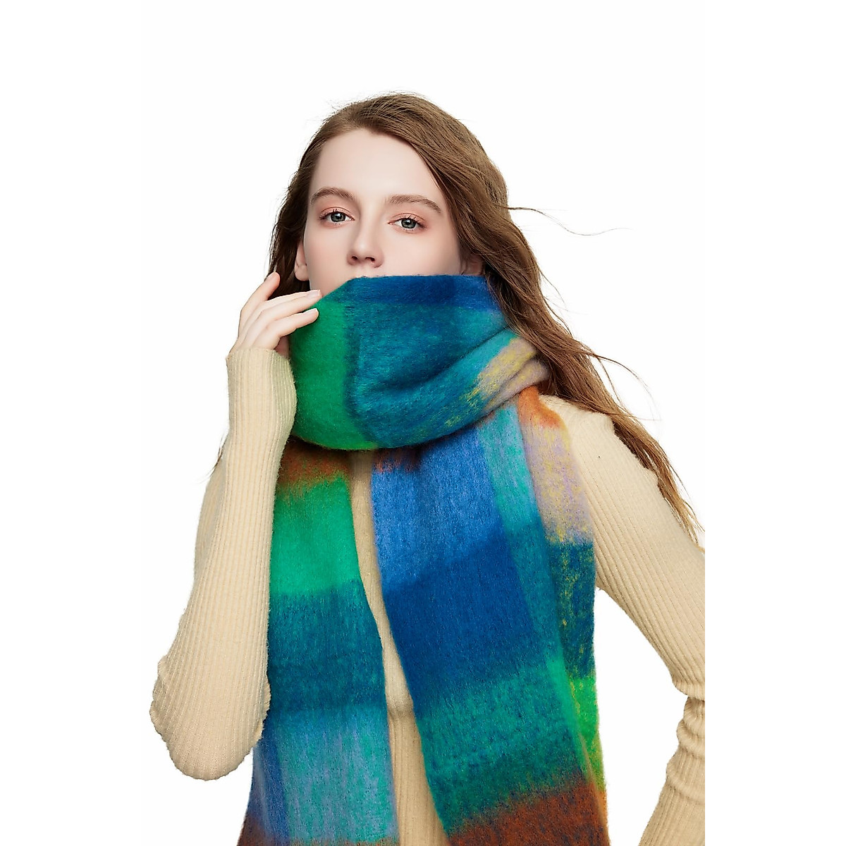 Yatemiole Women's Cashmere Big Coloured Checked Scarf Winter Warm Wrap Scarf (Pattern - 3)