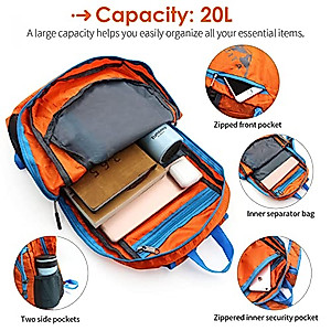 BEIJITA 20L Lightweight Hiking Backpack, Foldable Waterproof Back Pack, Packable Small Travel Backpack for Men, Ultra Lightweight Backpack for Women Men(Orange)