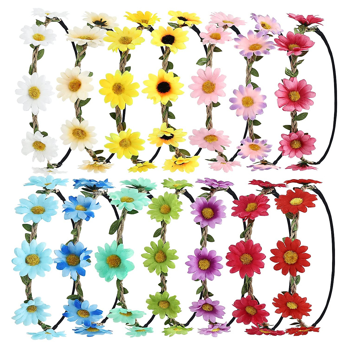 Cinaci 14 Pack Handmade Hawaiian Beach Bohemian Boho Adjustable Sunflower Flower Crowns Headbands Wreath Tiara Garland Wedding Party Headpieces for Women Girls Brides Bridesmaids Teens