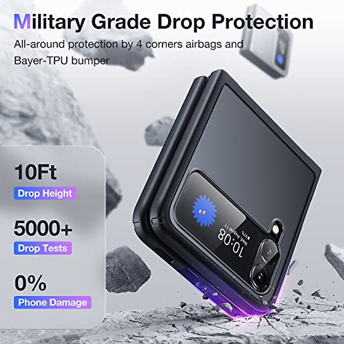 Humixx for Samsung Galaxy Z Flip 4 Case with 2X HD Lens Protector, [Mil-Grade Protection][Anti-Fingerprint] Translucent Matte Hard PC Back with Soft TPU Edge & Airbag Shock- Black