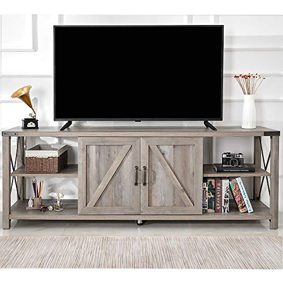 Amerlife 68" TV Stand Wood Metal TV Console Industrial Entertainment Center Farmhouse with Storage Cabinets and Shelves for TVs Up to 78", Rustic Gray Wash
