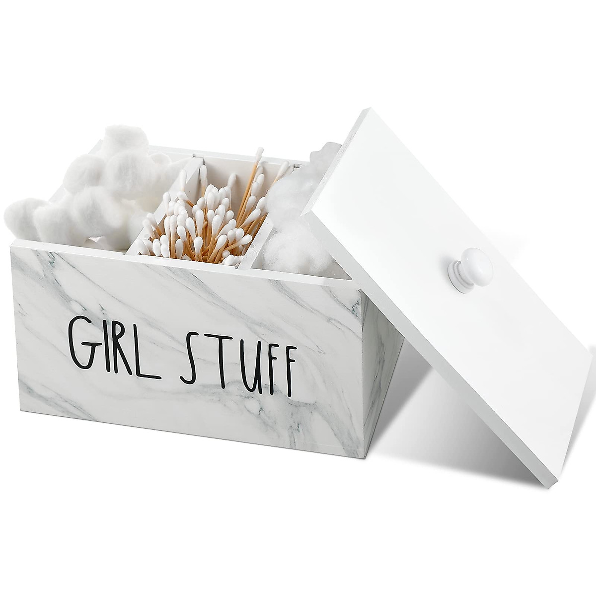 Otuuz Tampon Holder for Bathroom with Lid Tampon Storage Pad Container for Bathroom Feminine Product Organizer Wood Farmhouse Bathroom Organizer Countertop Storage Box Movable Partition(Marble Style)