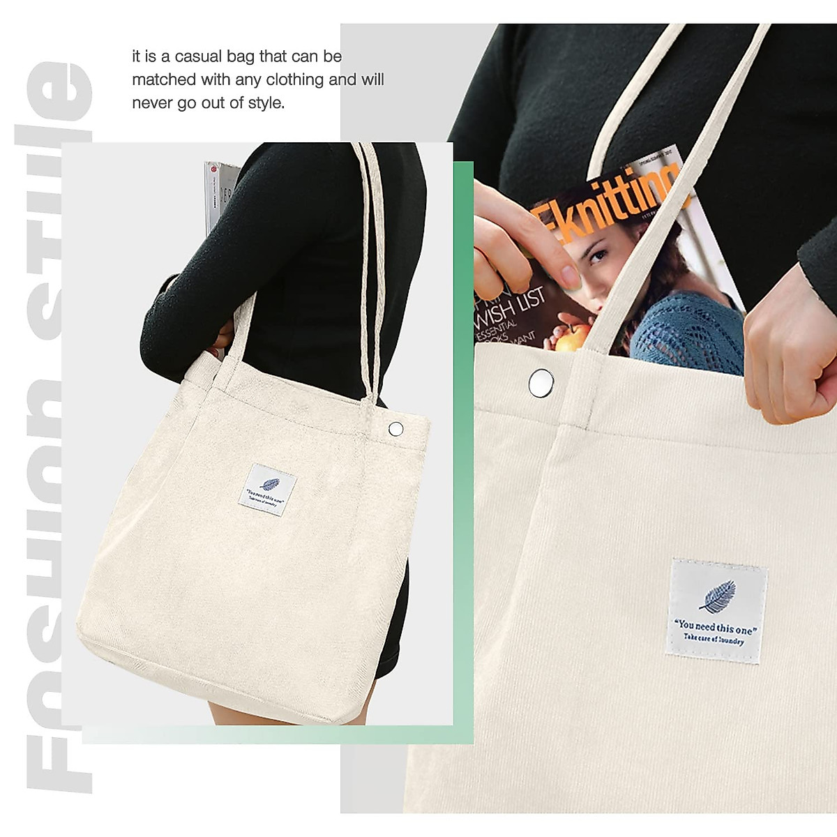 LHMTQVK Corduroy Tote Bags for Women, Large Capacity Corduroy Bag Reusable Grocery Shoulder Bag with Inner Pockets (Beige)