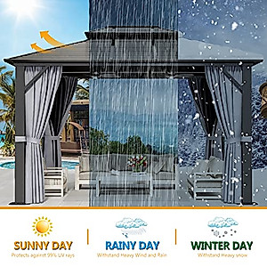 oneinmil 10x12FT Outdoor Hardtop Gazebo Galvanized Steel Pergolas Double Roof Canopy, Aluminum Frame Grill Pergola for Patios with Netting and Curtains,Grey