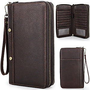 Top Grain Genuine Leather Clutch Wallet with Wristlet for Man & Woman, Handmade Vintage Design, Multi Pockets & Side Pocket & Slots, RFID Large Capacity for Cards/Checks/Money/Passport/Pen, Red Coffee
