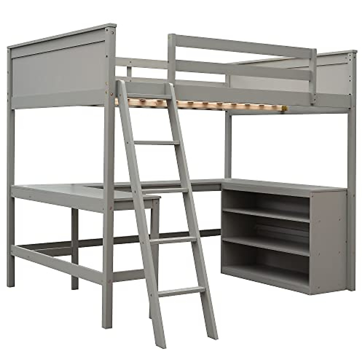 BIADNBZ Full Size Loft Bed with 2 Desks and Bookshelves,Wooden LoftBed with Guardrails and Ladder for Kids/Teens/Bedroom,Gray