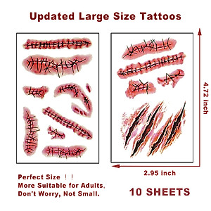 Halloween Scar Temporary Tattoos 3D Body Face Realistic Fake Stitches Tattoo Sticker Waterproof for Chucky Costume Zombie Vampire Makeup Prank Props Cosplay Kids Adults