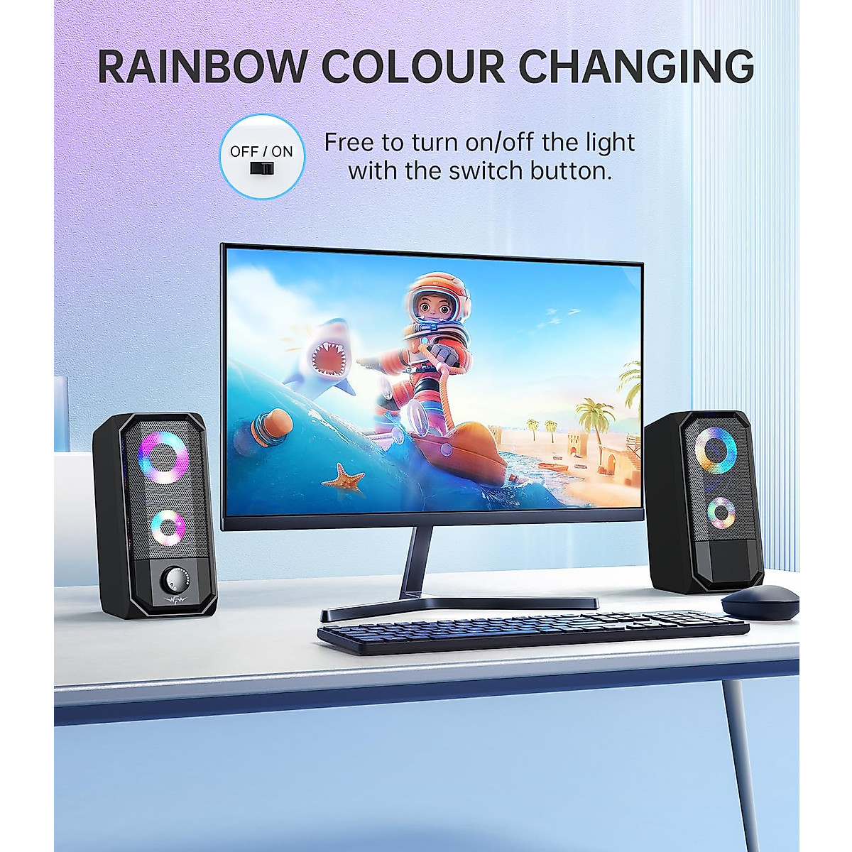 Fishcovers Computer Speakers for Desktop PC and Laptop, Monitor Speakers with RGB Lights,FC03 USB Powered Gaming Speakers