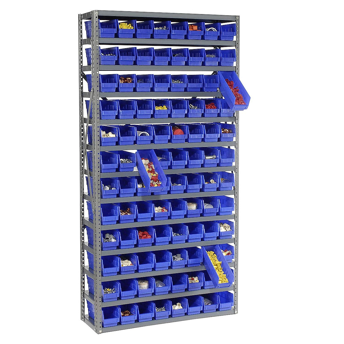Global Industrial 13 Shelf Steel Shelving with (96) 4" H Plastic Shelf Bins, Blue, 36x12x72