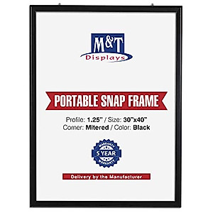 M&T Displays Portable Snap Poster Frame 30x40 Inch Black 1.25" Aluminum Profile Front Loading Wall Mounting Photo Picture Document Certificate Sign Holder Mitered Corner Anti Glare Cover