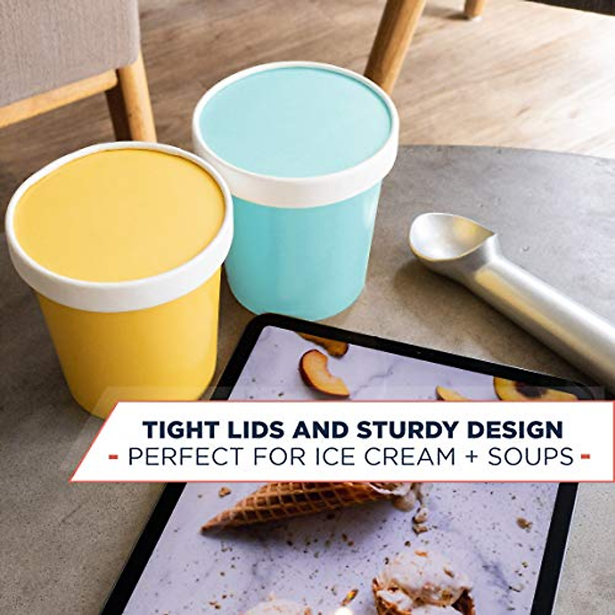 Glowcoast Ice Cream Containers With Lids - 16 oz Pint Disposable Ice Cream Storage Container for Homemade Icecream. Freezer-Safe Paper Tub with Lid For Frozen Desserts Yoghurt (Assorted, 24)