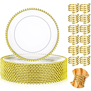 Yinder 12 Set Gold Beaded Charger Plates and Napkin Rings, Acrylic Gold Beaded Clear Chargers for Dinner Serving Plates with Gold Beaded Rim Wedding Dinning Table Party Decoration