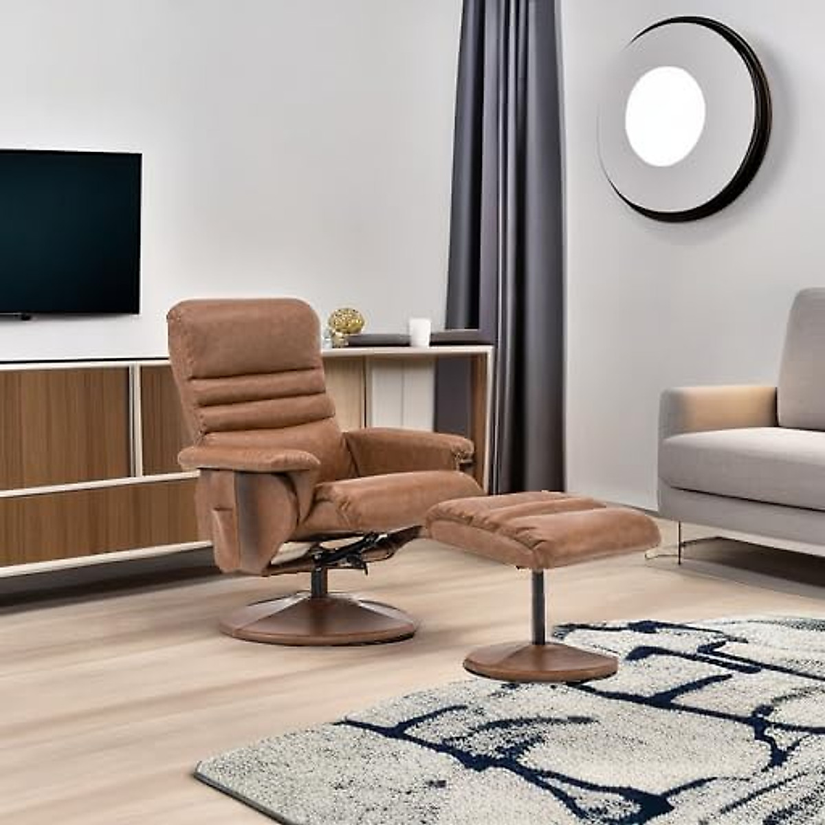 MCombo Recliner with Ottoman, Reclining Chair with Massage, 360 Swivel Living Room Chair Faux Leather, 7902 (Saddle)