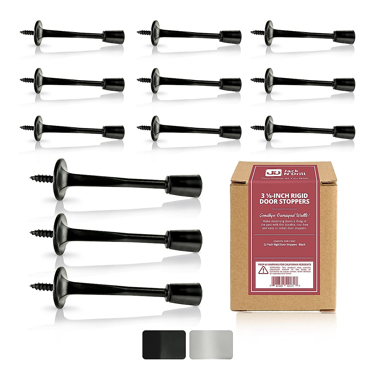 Jack N’Drill (3 ⅛) Rigid Door Stop (12 Pack) - Rustproof Black Solid Door Stopper w/Durable Rubber Tips | Protects Walls & Doors from Damage | Great for Office & Home
