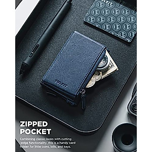 VULKIT Credit Card Holder with Leather Zipper Pocket Pop up wallet RFID Blocking Slim Metal Card Case for Men or Women(Navy)
