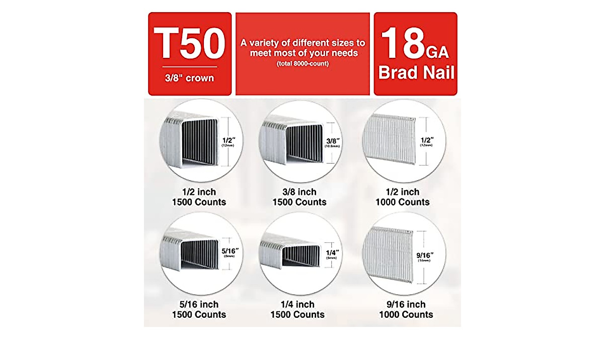 Heavy Duty T50 Staples & Brad Nails Kit - 8000 Count, Versatile Fasteners