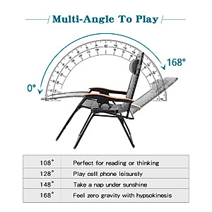 PHI VILLA Oversized Padded Zero Gravity Chair, Folding Outdoor Patio Recliner, XL Anti Gravity Lounger for Backyard w/Headrest, Cup Holder, Side Tray, Grey
