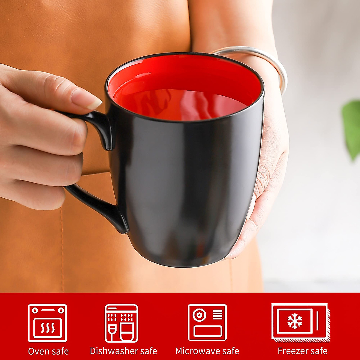 superyes Black Mugs-Sets of 6 for Coffee Cappuccino Latte Cups Set 16OZ(500ml) Red/Yellow/Blue/Green/Orange/Black Inside