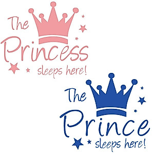 Maydahui 2PCS Wall Sticker The Prince/Princess Sleep Here 12.6 Inch Little Crown Star Art Quotes Wall Decal Decor for Living Room Bedroom