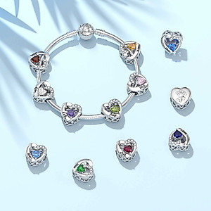 SEVENWELL 925 Sterling Silver Heart Birthstone With Birth Flowers Charms for Pandora Birthday Chrismas Valentin's Day for Women