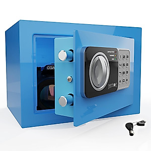 PATRON small safe box with key，mini safe for money，small coin safes for home with code，little jewelry lock box for kids，Wall or Cabinet Safe for personal items，0.236 Cubic Feet Blue