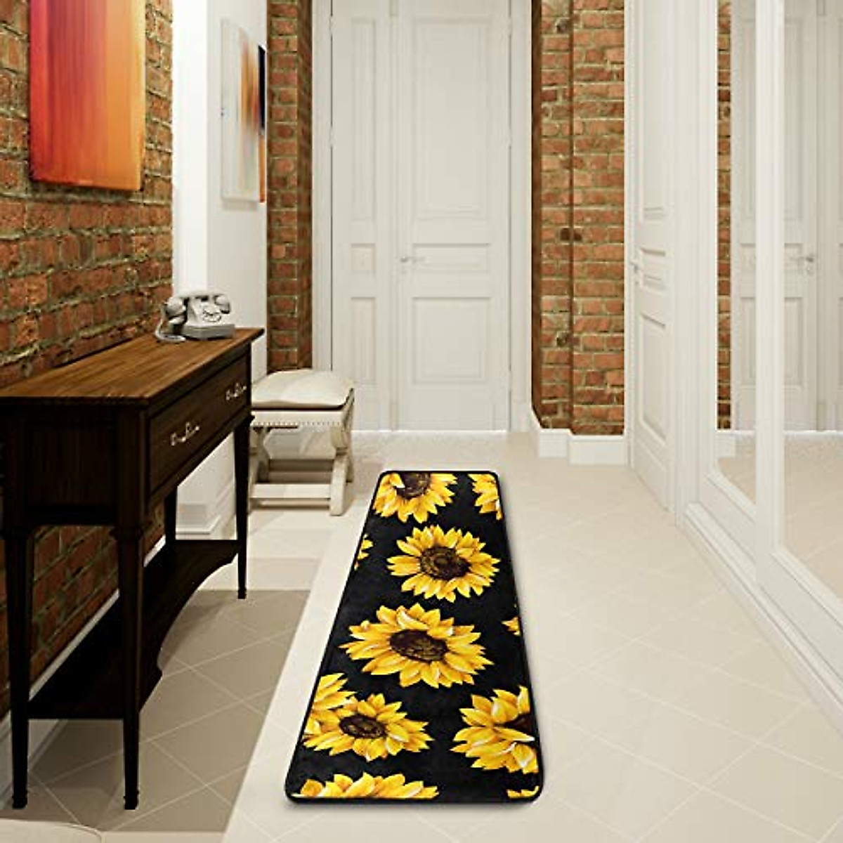 Sunflower Black Kitchen Rugs Non-Slip Soft Doormats Bath Carpet Floor Runner Area Rugs for Home Dining Living Room Bedroom 72" X 24"