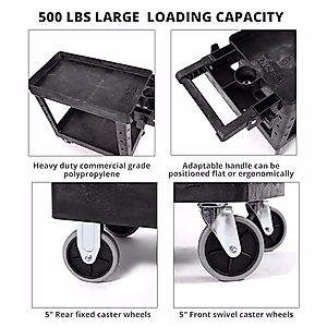 NEIKO 53051A Utility Cart, Heavy Duty 500 Pound Service cart with Wheels, 2 Deep Tray Shelf Rolling Tool Cart, Adjustable Handle Black Plastic Push Cart, Garage Mechanic Shop Cart, Non Marking Wheels