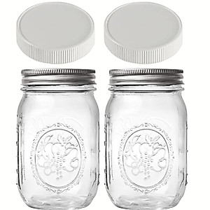 Jarming Collections Mason Jars 16 oz - Glass Jars with Plastic Lids- Glass Storage Jars with Regular Mouth Lids- Jars with Lids- Canning Jars, Pint Jars- Set of 2, 16 oz Mason Jars, White Lids