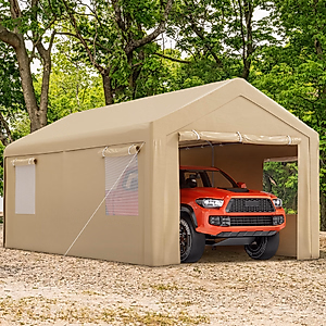 Oakmont Heavy Duty Carport, 10' × 20' Car Tent with All Metal Frame and Removable Sidewalls, Portable Canopy Garage with All-Season UV Resistant Tarp for Car Boat Truck Motorcycle (Brown)