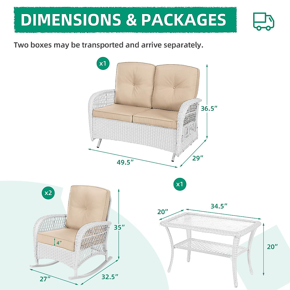 VIVIJASON 4-Piece Outdoor Patio White Wicker Conversation Sets, All Weather Outdoor Rattan Furniture Set Includes Glider Loveseat, Coffee Table, 2 Rocking Chairs with Cushions for Backyard, Beige